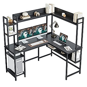 CubiCubi L-Shaped Desk with Hutch, 60" Corner Computer Desk, Large Home Office Desk with Bookshelf and Storage Shelves, Space-Saving, Black