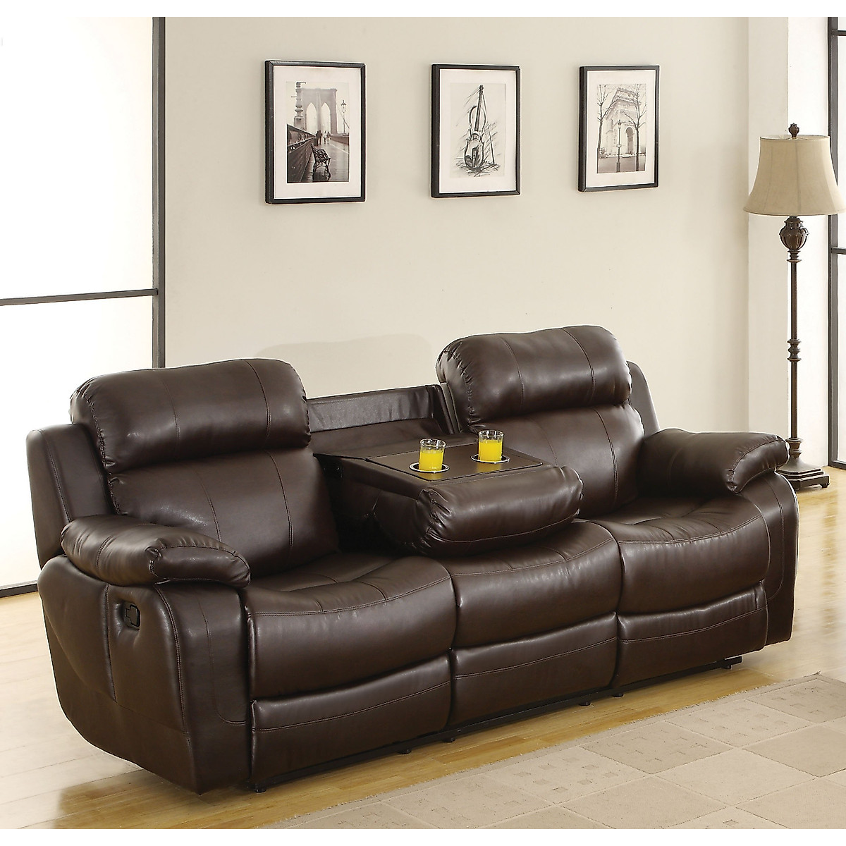 Homelegance Marille Reclining Sofa w/ Center Console Cup Holder, Brown Bonded Leather