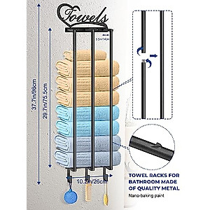 Towel Racks for Bathroom Wall Mounted, New Upgraded 3 in 1 Wall Towel Rack for Rolled Towels, Bathroom Towel Storage with 3 Hooks, Metal Bath Towel Holder for Folded Large Towel Washcloths (Black)