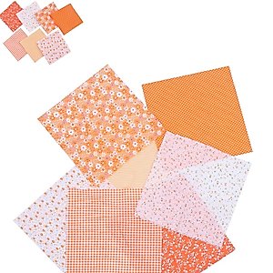 14Pcs Cotton Craft Fabric, Quilting Patchwork Fat Quarter Bundles Quilt Sewing Orange Floral Fabrics for Craft DIY, 25x25cm