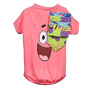 SpongeBob SquarePants for Pets Patrick Pink Shirt for Dogs & Green Bandana Combo- Size Small | Soft and Comfortable Spongebob Clothes for Dogs- Lightweight T Shirt & Dog Bandana