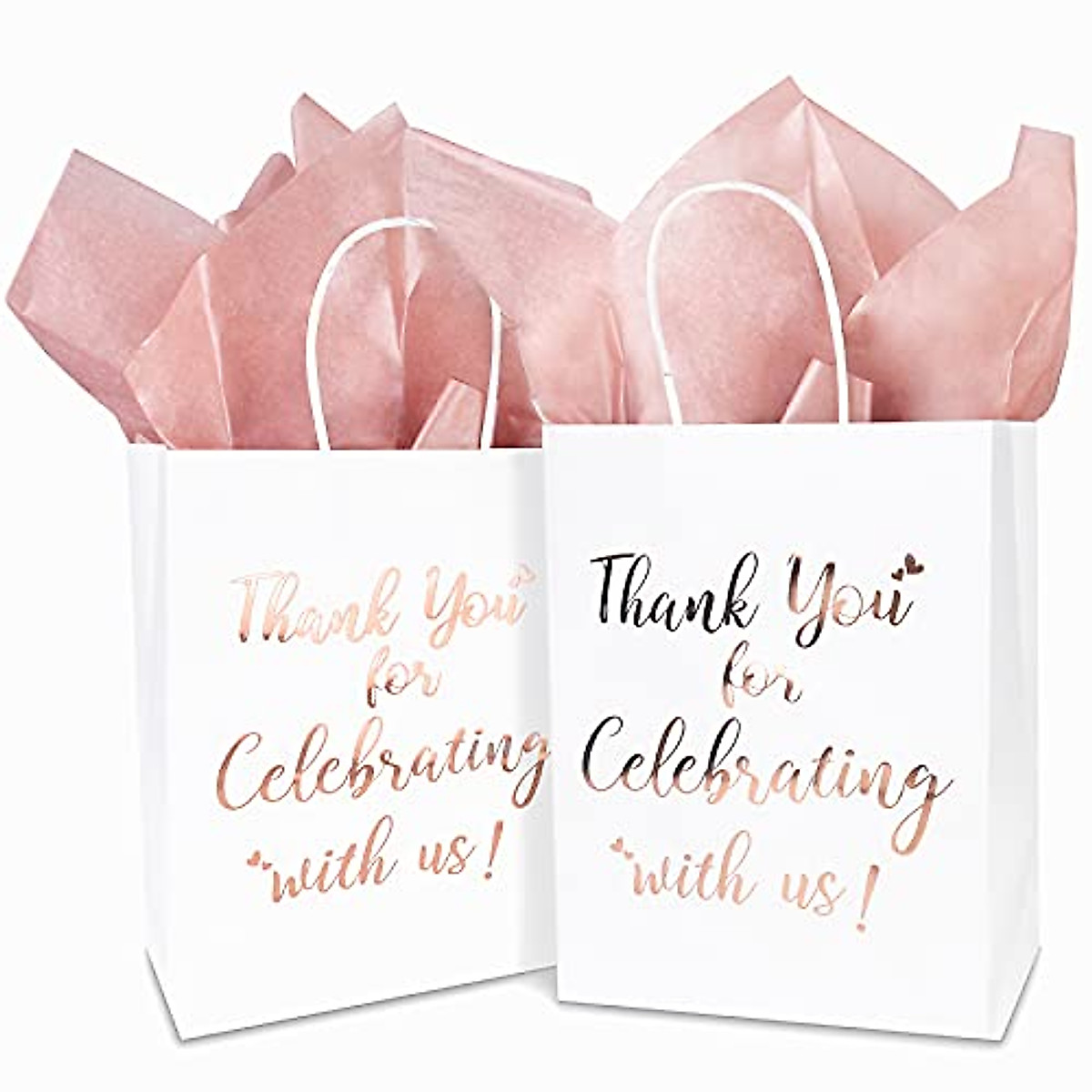 Medium Size Thank You Gift Bags with Tissue Paper - 12 Pack Bulk Kraft Paper Bags with Gold Foil Print and Handle for Birthday Party, Baby Shower, Wedding Celebration, Size 8"L x 4"W x 10"H (White)