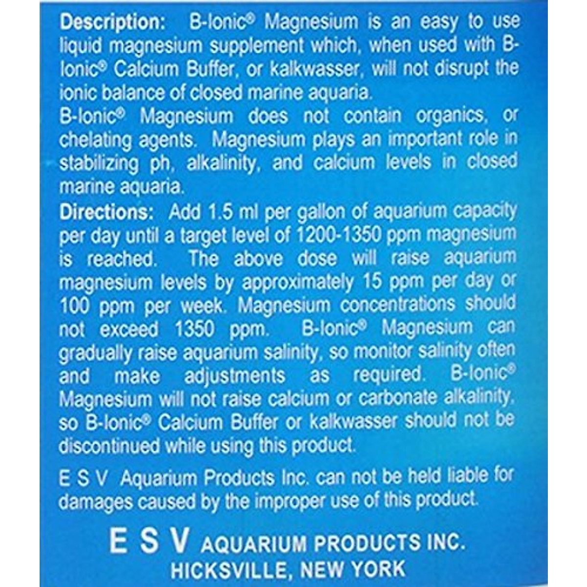 ESV Aquatics B-Ionic Magnesium Liquid Supplement for Coral Reef Salt Water Aquariums, 32 Ounce