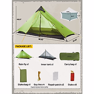 MIER Lanshan Ultralight Tent 3-Season Backpacking Tent for 1-Person or 2-Person Camping, Trekking, Kayaking, Climbing, Hiking, Green, 1-Person