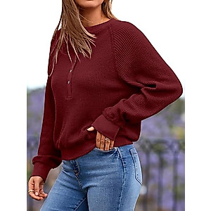 PRETTYGARDEN Women Drop Shoulder Long Sleeve Sweatshirt Fall v Neck Oversized Crop Pullover Winter Waffle Knit Henley Tops Button Down Shirt (Jujube Red, XX-Large)