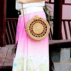 BaellerryRound Woven Ata Rattan Bag Summer Beach Shoulder Bag for Women, Beige, Medium