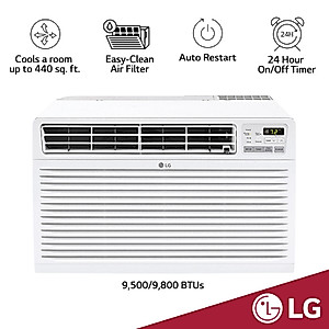 LG 9,800 BTU Through the Wall Air Conditioner, 230/208V, Cools up to 440 Sq. Ft. for Bedroom, Living Room, Apartment,, with Remote, 3 Cool & Fan Speeds, Wall AC Unit, White
