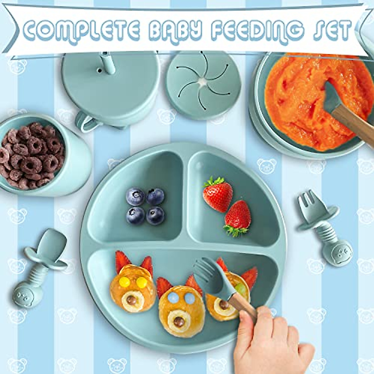 10pcs Baby Feeding Set | Baby Led Weaning Utensils | Includes Suction Bowl and Plate | Baby Feeding Supplies Set | 100% Food Grade BPA Free | Silicone Baby Bib, Spoon, Fork, Sippy Cup (blue)