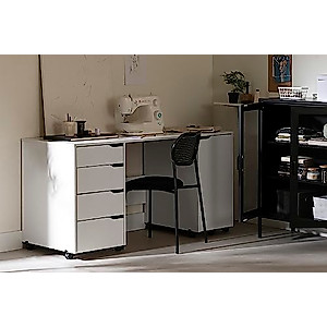South Shore Crea Craft Table on Wheels with Sliding Shelf, Storage Drawers and Scratchproof Surface, Pure White