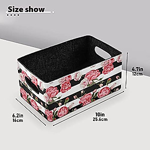 Oyihfvs Floral Peony and Roses Flowers On Black White Stripes 2 PCs Collapsible Storage Bins Baskets, Foldable Felt Fabric Organizer Cube Boxes Storage Bags for Shelves Closet Home Decor