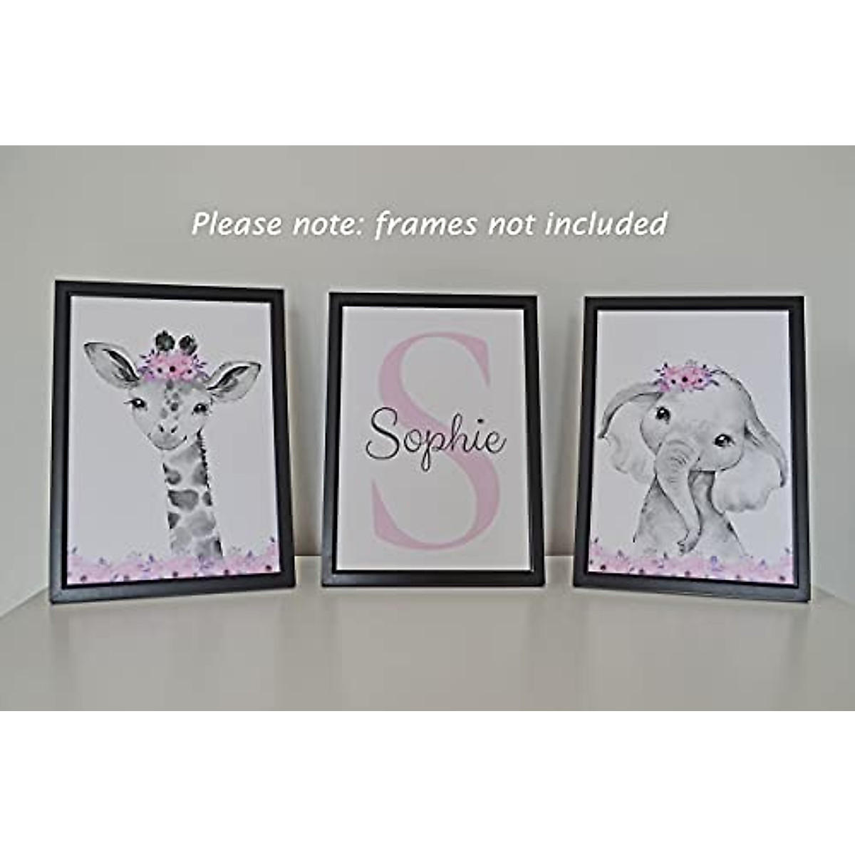 Personalized Safari Animals for Baby Girls Nursery Bedroom Unframed Set of 3 Poster Prints, Personalized Name Pink Purple Flowers Wall Art Decor New Baby Gift Present, Elephant Giraffe Panda Zebra Lion (8x10)