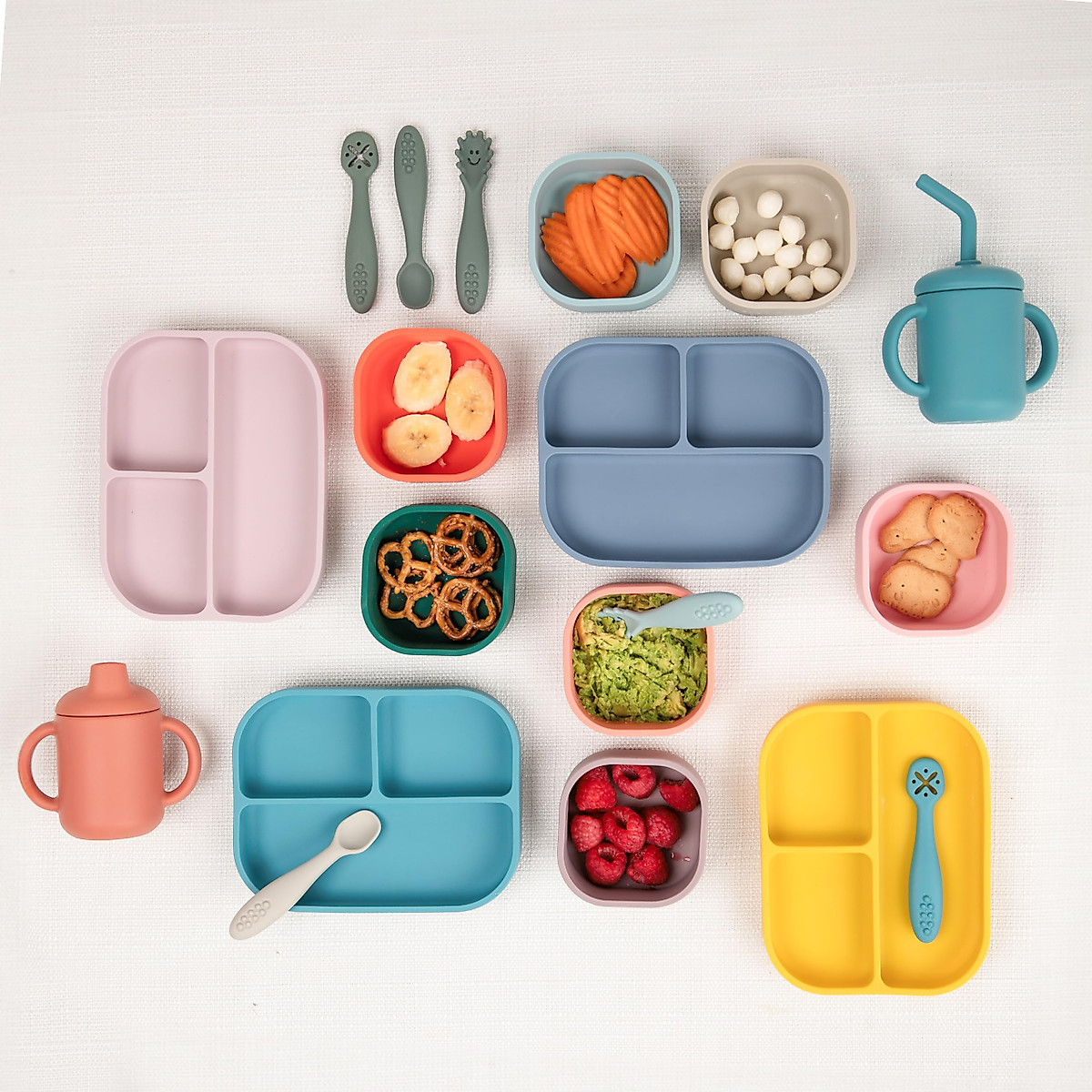 Bella Tunno Little Bites Bundle – Baby Feeding Set and Baby Led Weaning Supplies with 1 Baby Bowl, 1 Baby Plate, 3 Baby Utensils, 1 Cup, 2 Lids, 100% Food-Grade Silicone (Circus Fun)