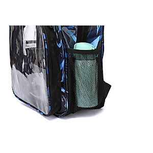 BLUEFAIRY Clear Backpack for School Stadium Approved Large PVC See Through Bag Heavy Duty Bookbag Transparent Plastic Bag for Students Work Events 17" Geometric Blue