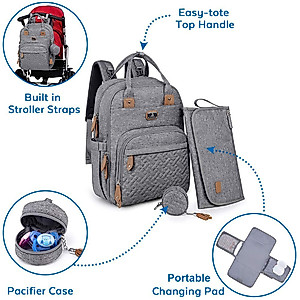 Dikaslon Diaper Bag Backpack, Stroller Hooks, Large Unisex Baby Bags with Changing Pad, Pacifier Case and Universal Stroller Clips for Mom Dad
