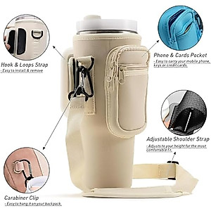 RUNBFUUY Water Bottle Carrier Bag Water Bottle Holder for 30/40Oz Tumbler with Strap and Pockets, Adjustable Strap for Outdoor Sports Camping Hiking Travelling, White
