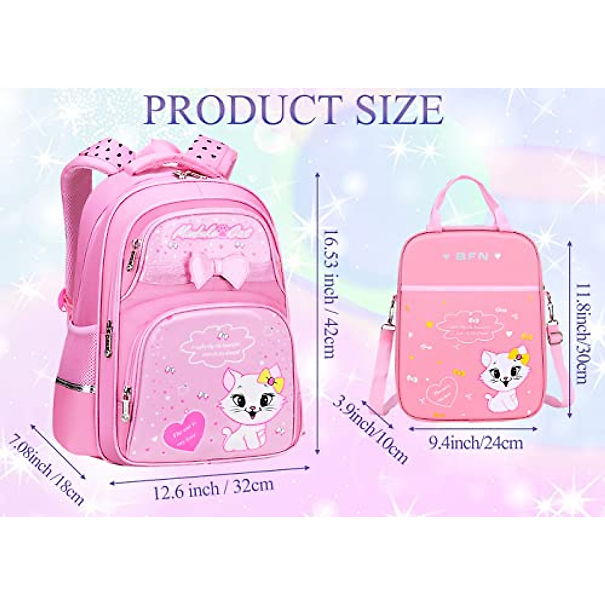MOCCNORA Girls Backpack 16 Inch Cute Cat Backpack for Girls Princess Bowknot Backpack with Lunch Bag for Primary Students
