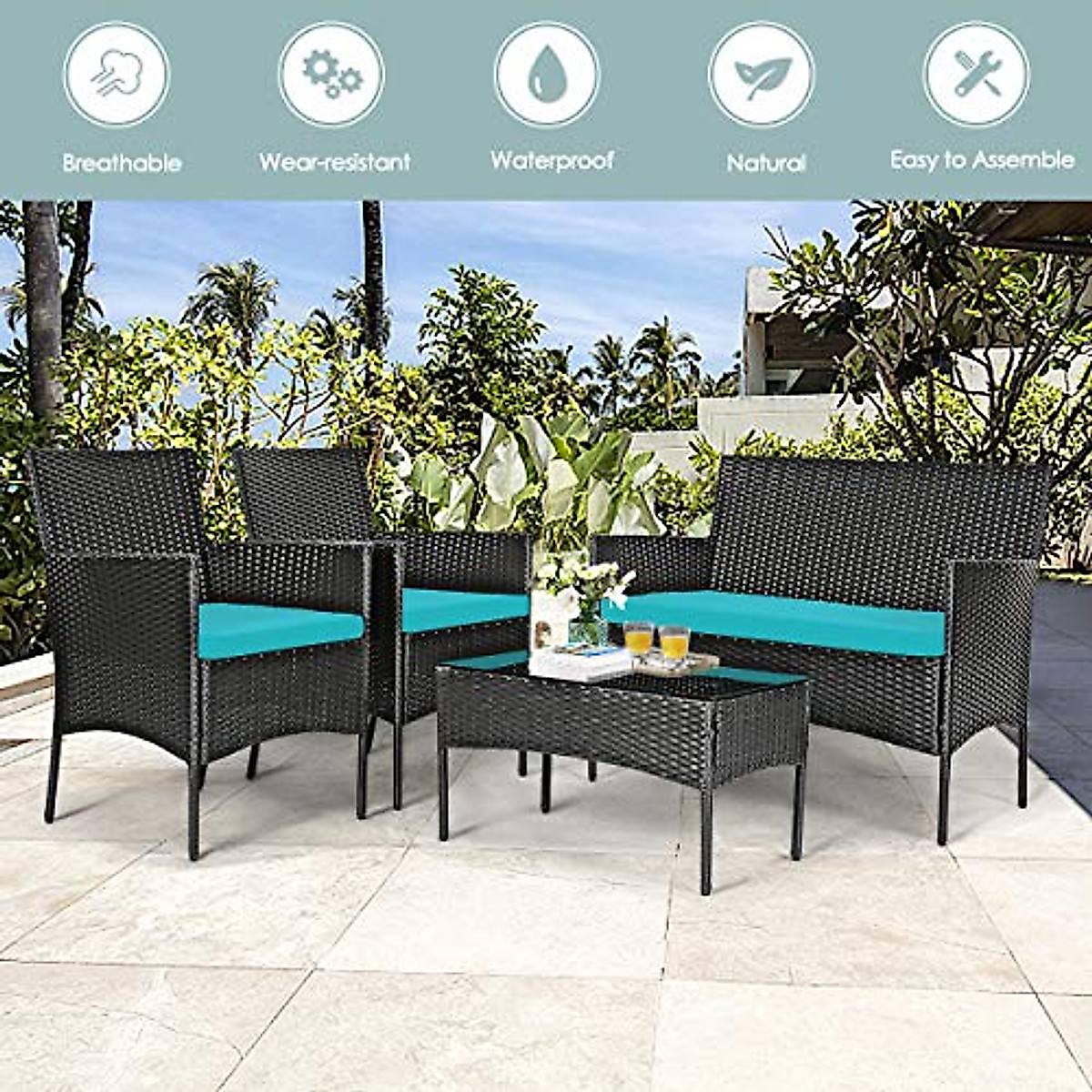 DORTALA 4 Pieces Rattan Patio Furniture Set, Practical Conversation Set w/Tempered Glass Top Table, Outdoor Wicker Sofa Set w/Removable Cushions for Poolside, Backyard