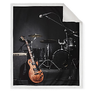 Jekeno Guitar Drum Kit Sherpa Blanket Rock Music Themed Warm Cozy Soft Throw Blanket for Music Enthusiast Adults Kids Boys Gift Sofa Bed Living Room Decor 50"x60"