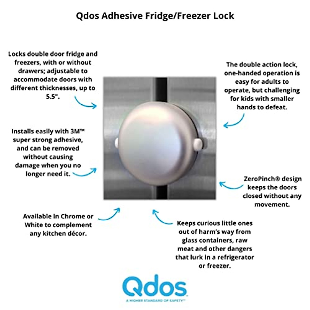 Qdos Adhesive Fridge/Freezer Lock - Easy One Handed Operation - Patented ZeroPinch Design - Unique Modern Design Refrigerator Lock, Chrome, Pack of 1