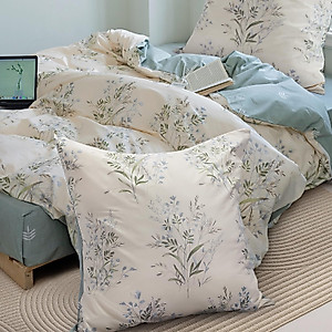 MetersGod 100% Long-Staple Cotton Duvet Cover Set Queen White Green Floral Leaves Pattern Printed Reversible Comforter Cover 3pcs, Ultra Soft & Breathable Bedding Set