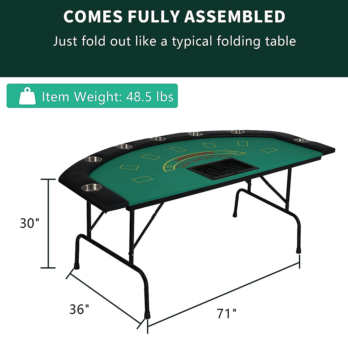 Vilobos 7 Player Blackjack Table with Folding Legs 71'' Casino Game Table Removable Metal Cup Holder Green Felt