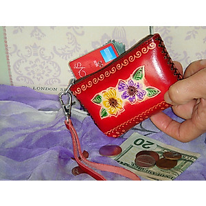 Leather Change Purse,rectangle shape,Hawaii Flower and butterfly Embossed, Handmade wallet,Wristlet and Zipper