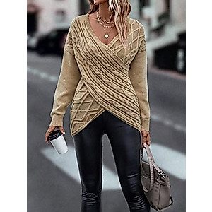 WDIRARA Women's Wrap V Neck Criss Cross Long Sleeve Asymmetrical Sweater Cable Knit Tops Solid Apricot L