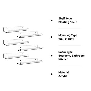 Dezzer Acrylic Floating Shelves, 6 Pack 15" Invisible Shelf Wall Ledge Bookshelf Bedroom Bathroom Kitchen Shelves Book Toys Funko Pop Figures Display Shelves, Clear