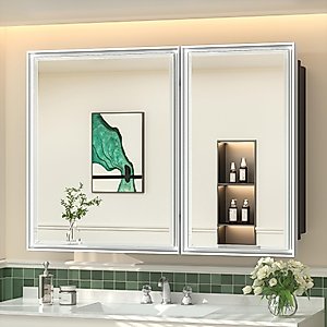 TokeShimi 40x30 Recessed Medicine Cabinet with Mirror, Silver Mirror with Storage Bathroom Aluminum 2 Door, Wall Mounted Metal Recessed Medicine Cabinets for Bathroom with Beveled Mirror