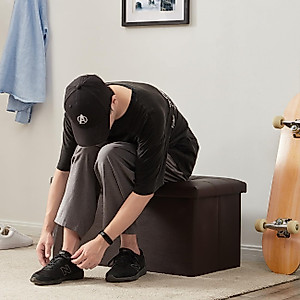 YOUDENOVA 30 inches Folding Storage Ottoman, 85L Storage Ottoman Bench for Living Bedroom and Hallway, Faux Leather Brown Footrest with Foam Padded Seat, Support 350lbs