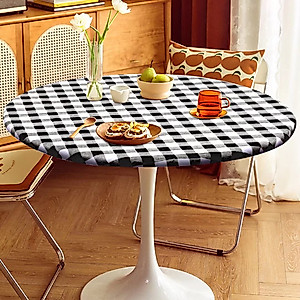 Fitable Vinyl Fitted Round Table Cover with Elastic, Black and White Checkered Tablecloth with Flannel Backing Plaid Table Cloth for Indoor Outdoor Picnic Party (Fit for 45"-56" Round Tables)