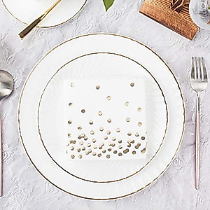 80 Pack of White Paper Cocktail Napkins with Gold Foil Polka Dot Confetti，Polka Dot Party Supplies(5 x 5 in，3-ply) (gold)