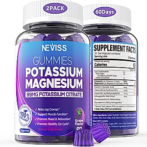 Potassium Magnesium Gummies, Sugar-Free Potassium Citrate 99mg Supplements with Magnesium Glycinate, Ashwagandha, B6 & B12 for Leg & Muscle Relaxation, Mood, Energy, Heart Health, Grape Flavor 120 Cts