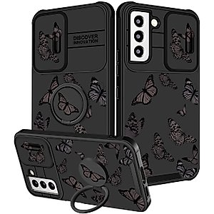 Funermei (2in1 for Samsung Galaxy S22 Case for Girls Women Cute Butterfly Cover Girly Aesthetic Black Pretty Fashion Design with Camera Cover and Ring Stand Funda for Galaxy S22 Phone Cases