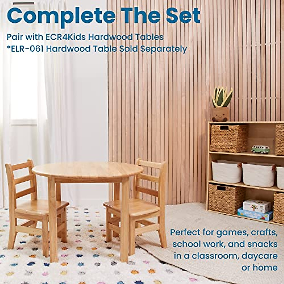 ECR4Kids Three Rung Ladderback Chair, 12in Seat Height , Classroom Seating, Natural, 2-Pack