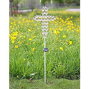 WSgift White Cross Garden Stake Solar Lights Metal Hydrangea Cross Stake Memorial Gift w/ 28 Solar LEDs Solar Cross Lights Perfect as Cross Remembrance Gifts & Sympathy Gifts (10" W x 40" H)