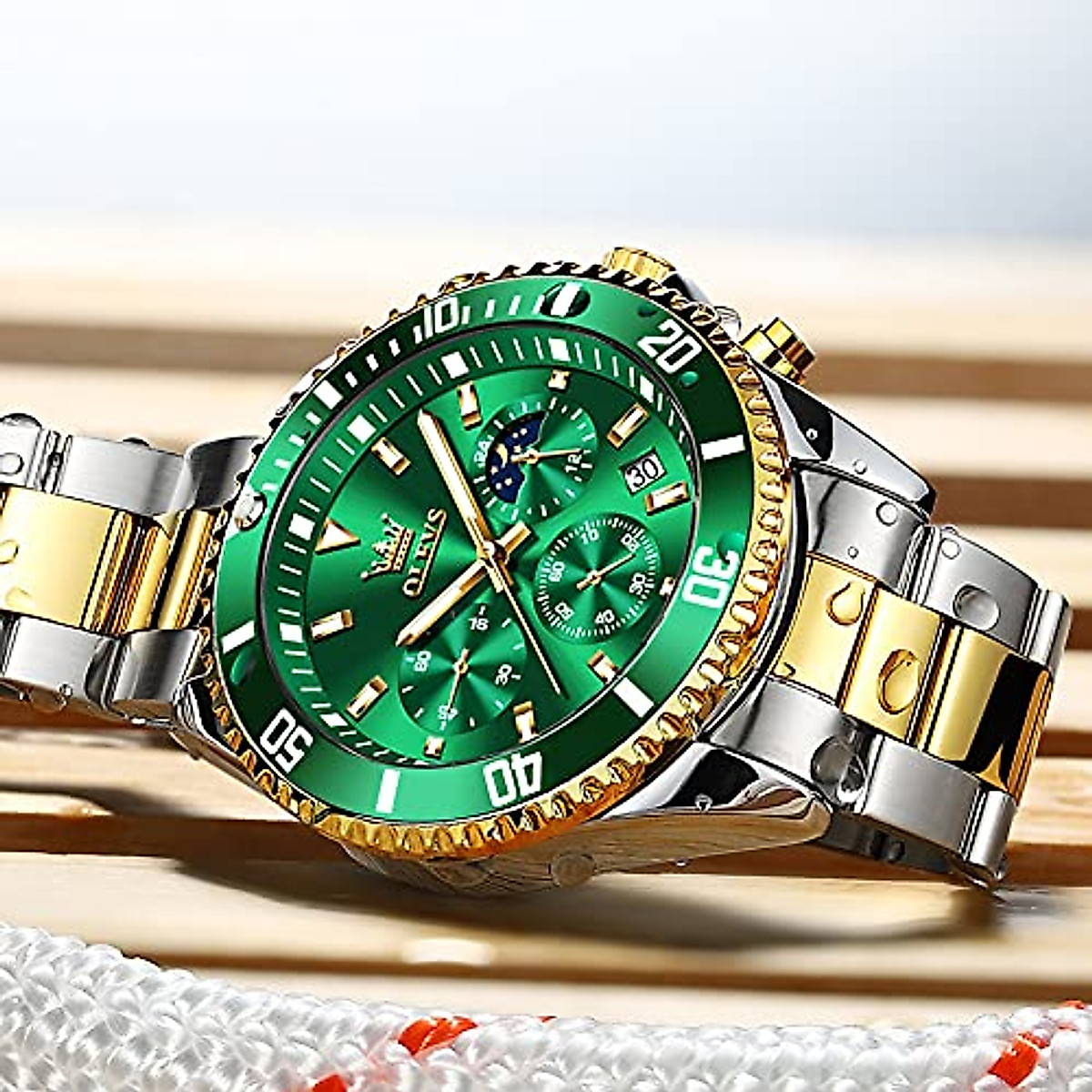 OLEVS Mens Watches Green Chronograph Luxury Dress Moon Phase Quartz Stainless Steel Waterproof Luminous Business Calendar Wrist Watch
