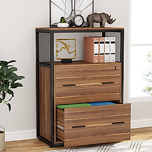 Tribesigns 2 Drawer Lateral File Cabinet with Lock, Letter/Legal / A4 Size, Large Rustic Filing Cabinet Printer Stand with Metal Wire Open Storage Shelves for Home Office (Walnut)