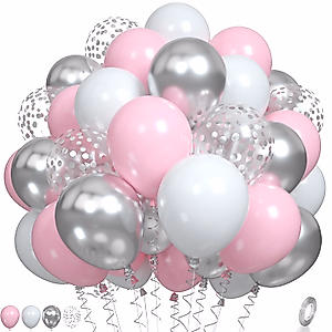 Pink and Silver Balloons, Pastel Pink White Balloons Metallic Silver Balloons White Pink Party Balloons Macaron Pink Silver Confetti Balloons for Girls Kids Birthday Wedding Baby Shower Graduation