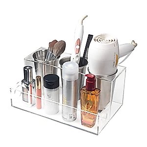 A & R Hair Tool Organizer, Clear Acrylic Blow Dryer Holder, Hair Dryer Organizer for Countertop, Bathroom & Vanity with 3 Heatproof Steel Cups