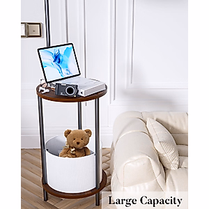 Lightdot 57IN Floor Lamp with Shelves, Mid Century Modern Standing Lamps with Bulb and Storage Bag Included, Black Pole End Table with Linen Lampshade for Living Room, Bedroom, Office-F