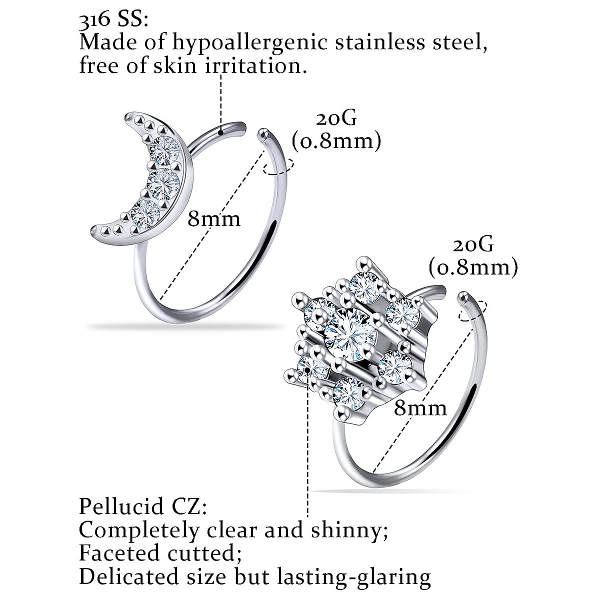 Oicctyzio Nose Rings Hoops Piercings for Women Studs Piercing Jewelry Surgical Stainless Steel 20g Corkscrew l Shaped Screw Shape Cork Bar Big Dainty Curved Stuf 20 Gauge Butterfly Opal Heart