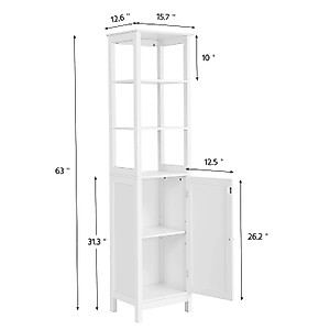 Yaheetech Bathroom Floor Cabinet, Wooden Tall Freestanding Cabinet with 3 Tier Shelves and Door Organizer, Elegant Linen Tower Rack Stand for Living Room, 63 in Height, White