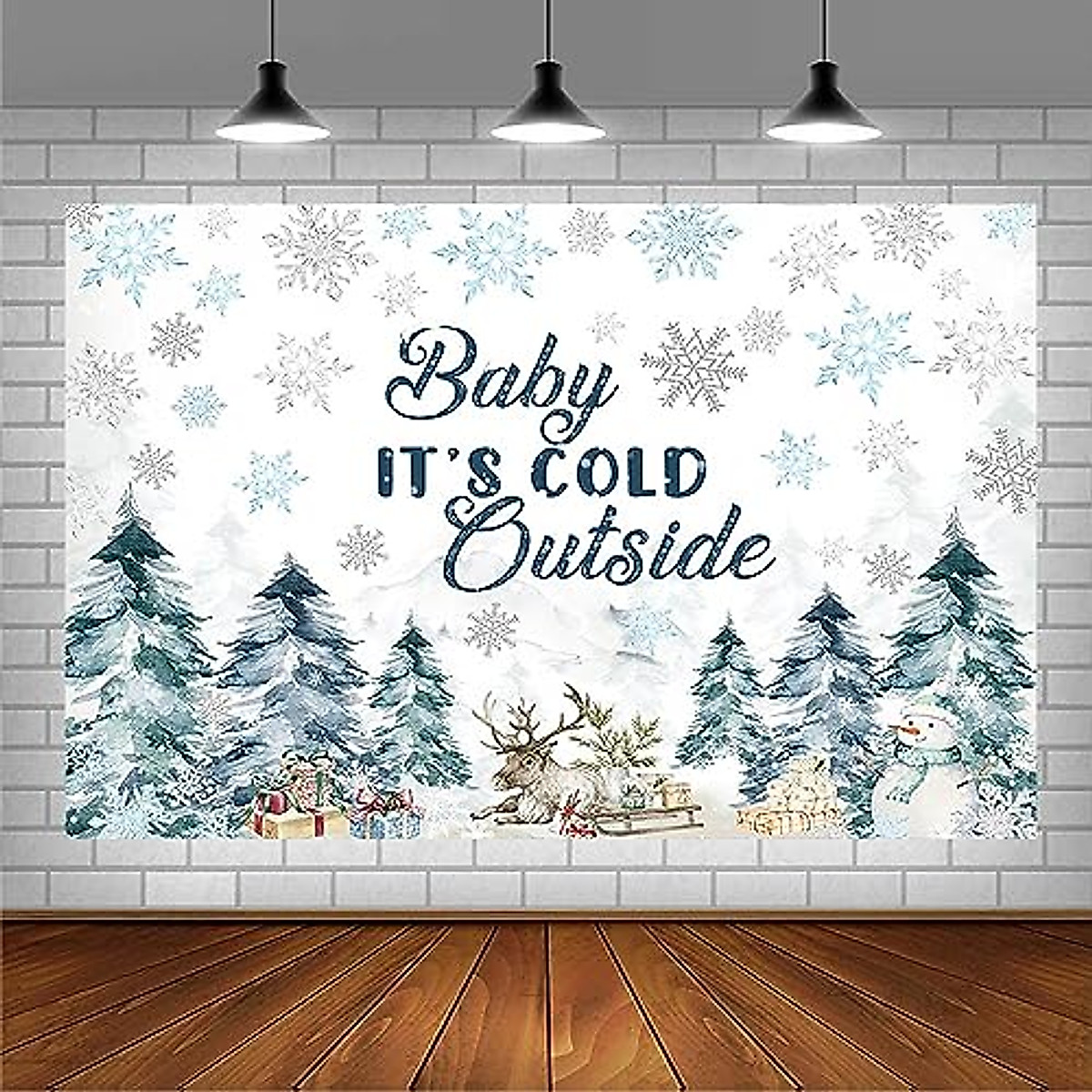 AIBIIN 7x5ft Winter Baby Shower Backdrop Baby It's Cold Outside Party Decoration Supplies Pine Tree Xmas Gift Reindeer Blue Silver Snowflake Wonderland Photography Background Banner Photo Studio Prop