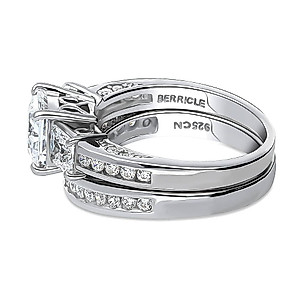 BERRICLE Sterling Silver 3-Stone Wedding Engagement Rings Princess Cut Cubic Zirconia CZ Ring Set for Women, Rhodium Plated Size 8