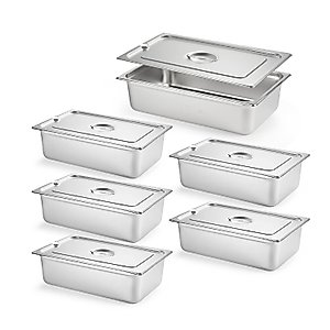 CURTA 6 Pack Anti-Jam Slotted Hotel Pans with Lids, Full Size 6 Inch Deep, NSF Commercial 18/8 Stainless Steel Chafing Steam Table Food Pan with Covers