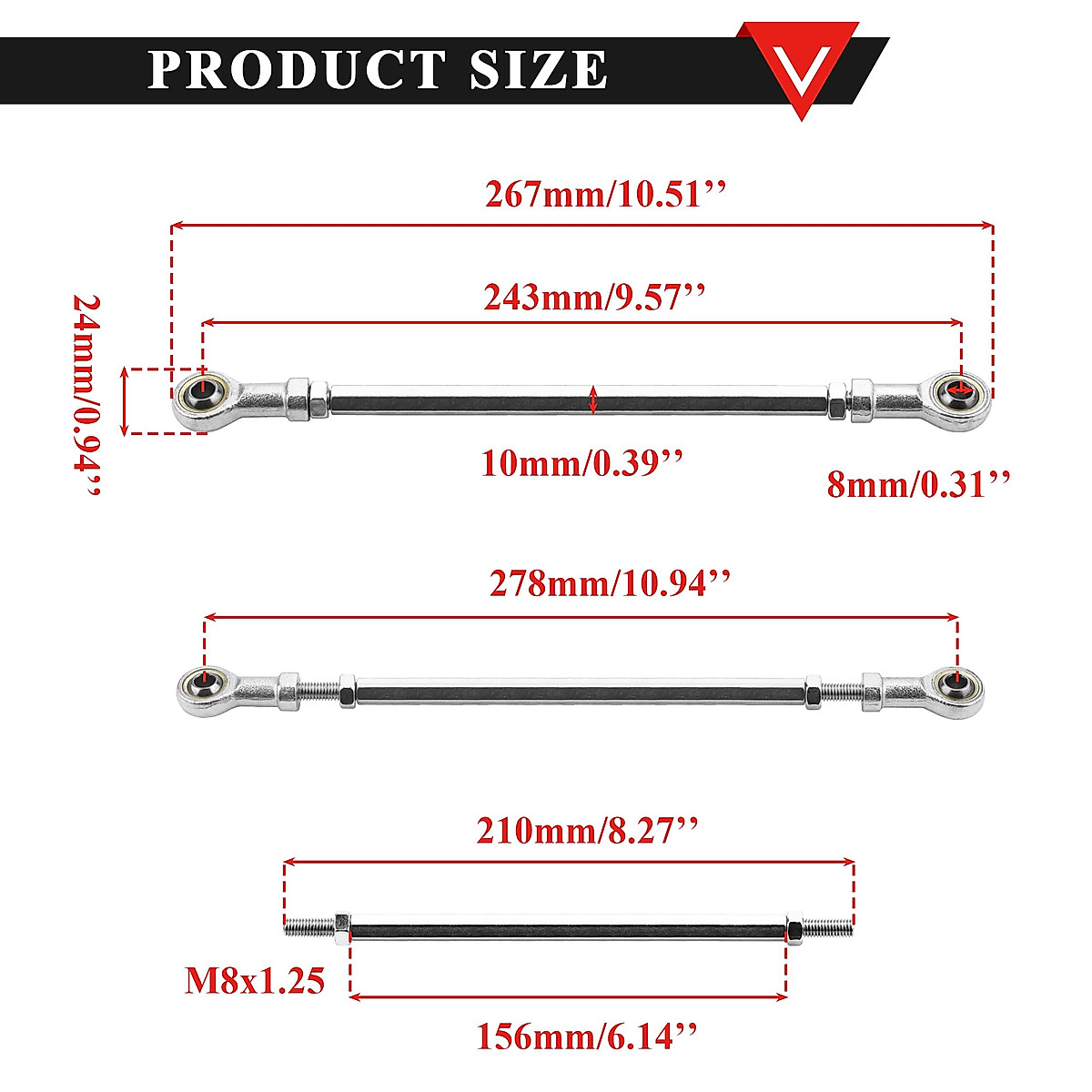 PRO BAT 2pcs 210mm Universal 11" x 5/16 8mm Tie Rod End Steering Kit Go Kart Off Road Dirt Bike ATV