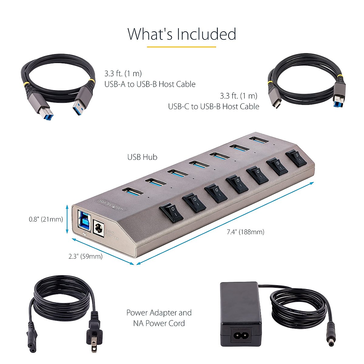 StarTech.com 7-Port Self-Powered USB-C Hub with Individual On/Off Switches, USB 3.0 5Gbps Expansion Hub w/Power Supply, Desktop/Laptop USB-C to USB-A Hub, USB Type C Hub w/BC 1.2 (5G7AIBS-USB-HUB-NA)