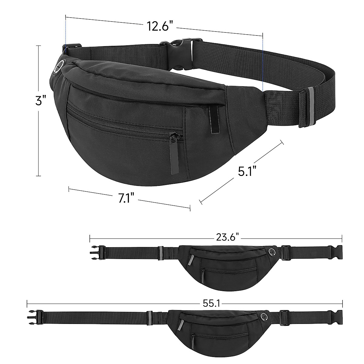 Viqueen Fashion Large Fanny Waist Pack Crossbody Belt Bag for Women and Men,Lightweight Bag with Zipper and Pockets,Water Resistant,Hands Free Phone Carrying,for Running,Sports(Black)