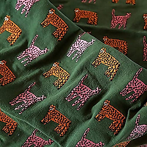 Tiger Embroiderd Linen Cotton Fabric,Green Embroidered Fabric,Designer Fabric,Quilting Fabric,Fabric by Yard,Thick Fabric,Linen Fabric